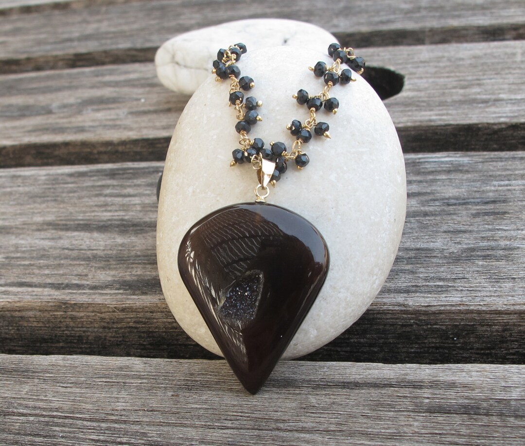 Pear Large Brown Druzy Statement Necklace- Geode Teardrop Black Spinel ...