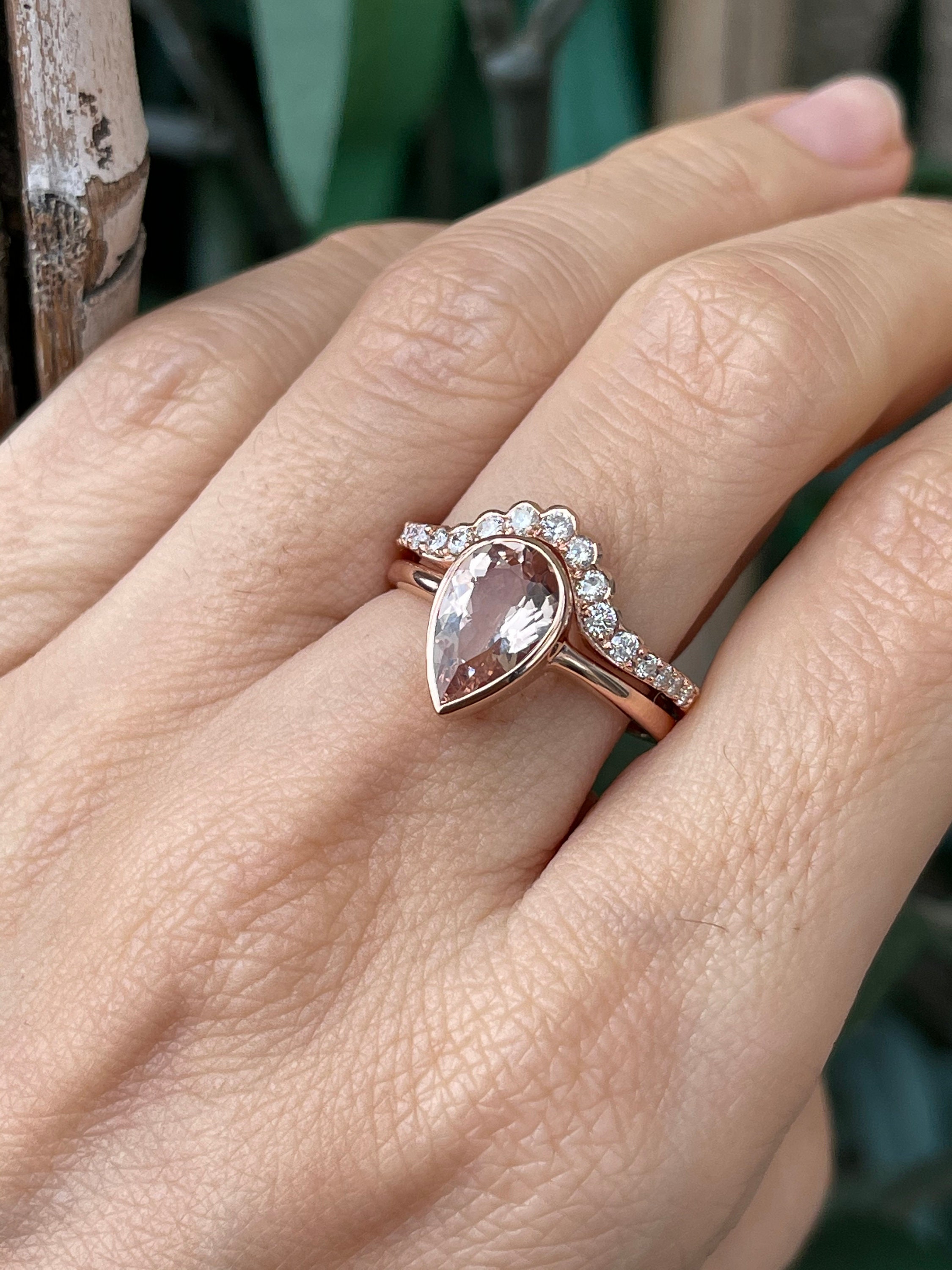 Vintage Genuine Morganite Rose Gold Engagement Ring Set Teardrop