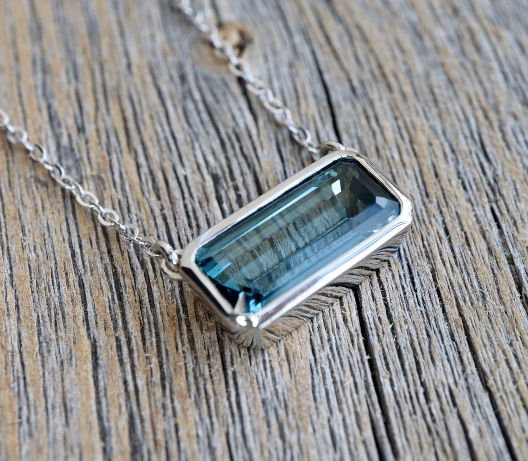 Genuine London Blue Topaz Rectangle Necklace- Natural Emerald Cut Dark ...