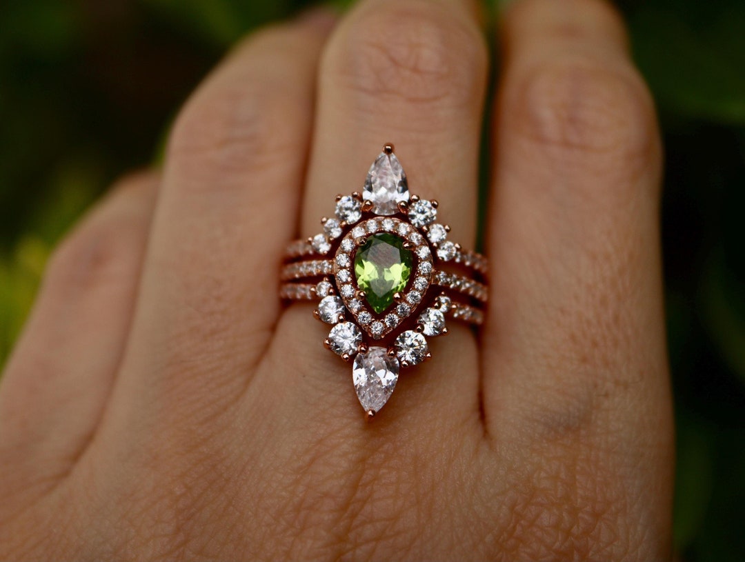 Teardrop Peridot Halo Bridal 3 Ring Set- Pear Green Peridot Engagement Ring- August Birthstone ...