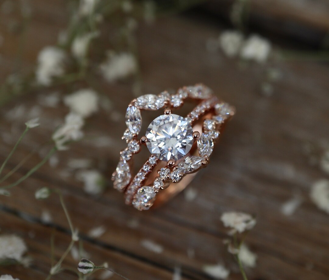 Round Diamond Simulant Bridal 3 Ring Set- Clear White Engagement Prong ...