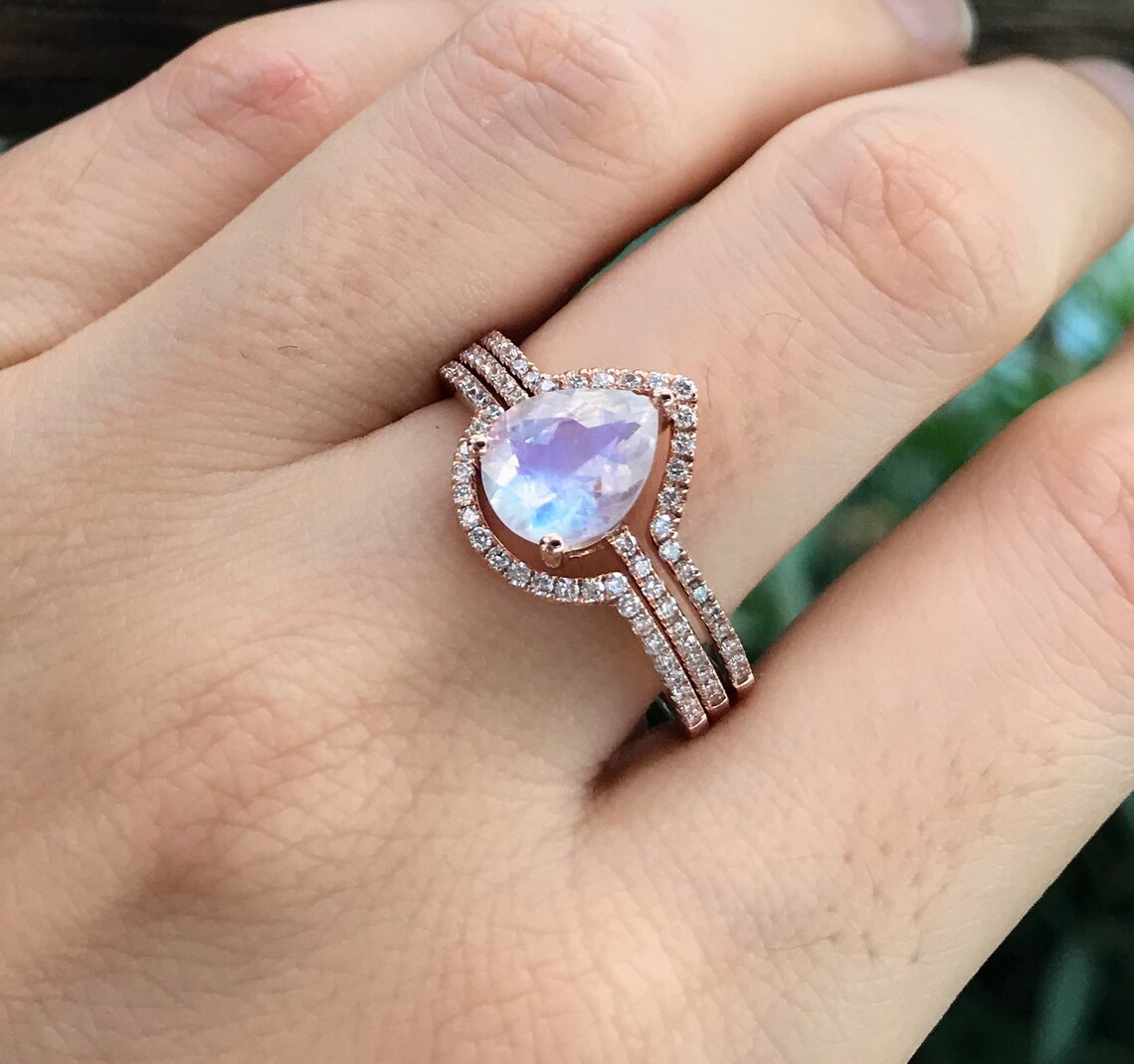 Moonstone Diamond Engagement Ring Set Rose Gold Moonstone | Etsy