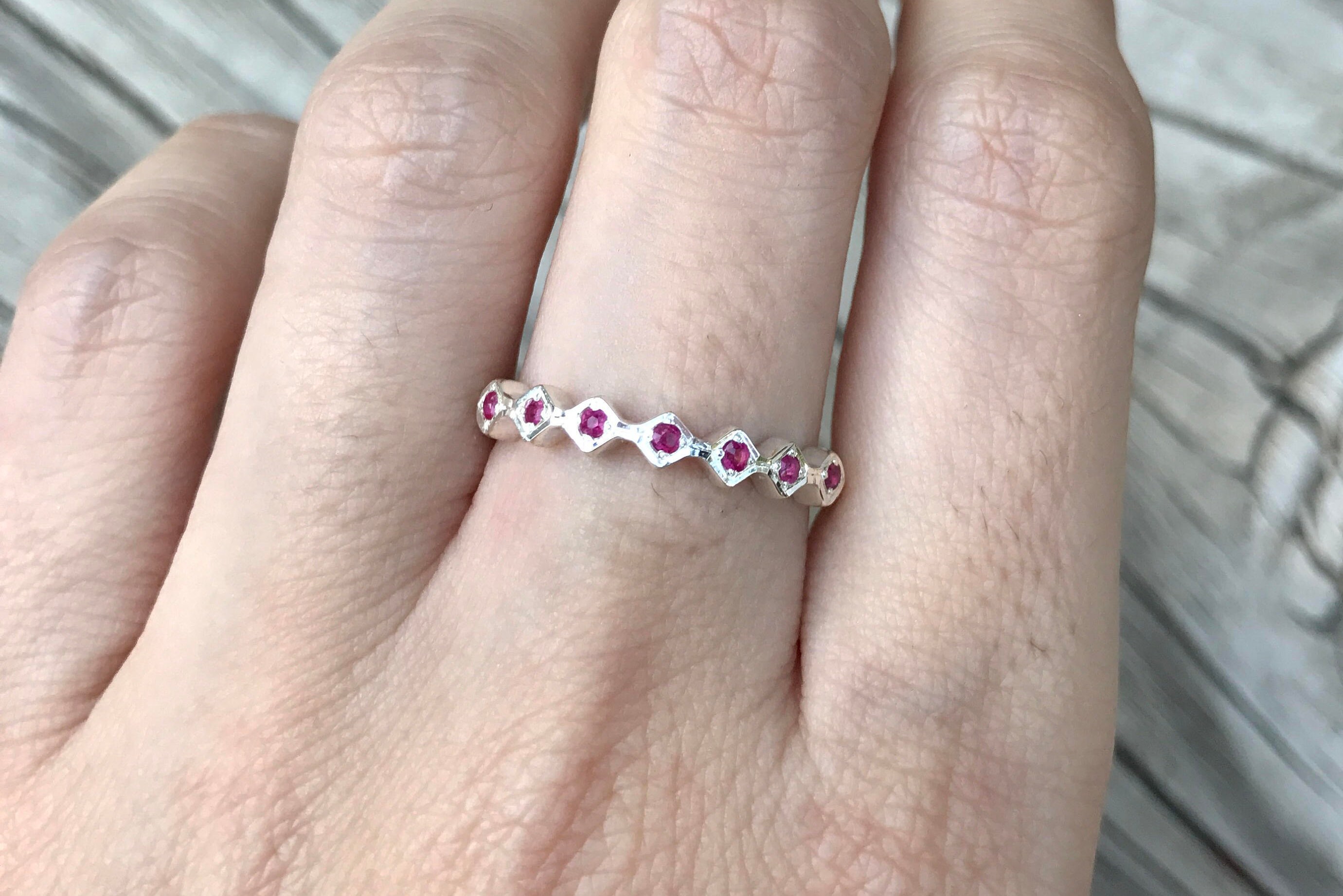 Genuine Ruby Womens Wedding Band- Red Ruby Round Wedding Band- Sterling ...