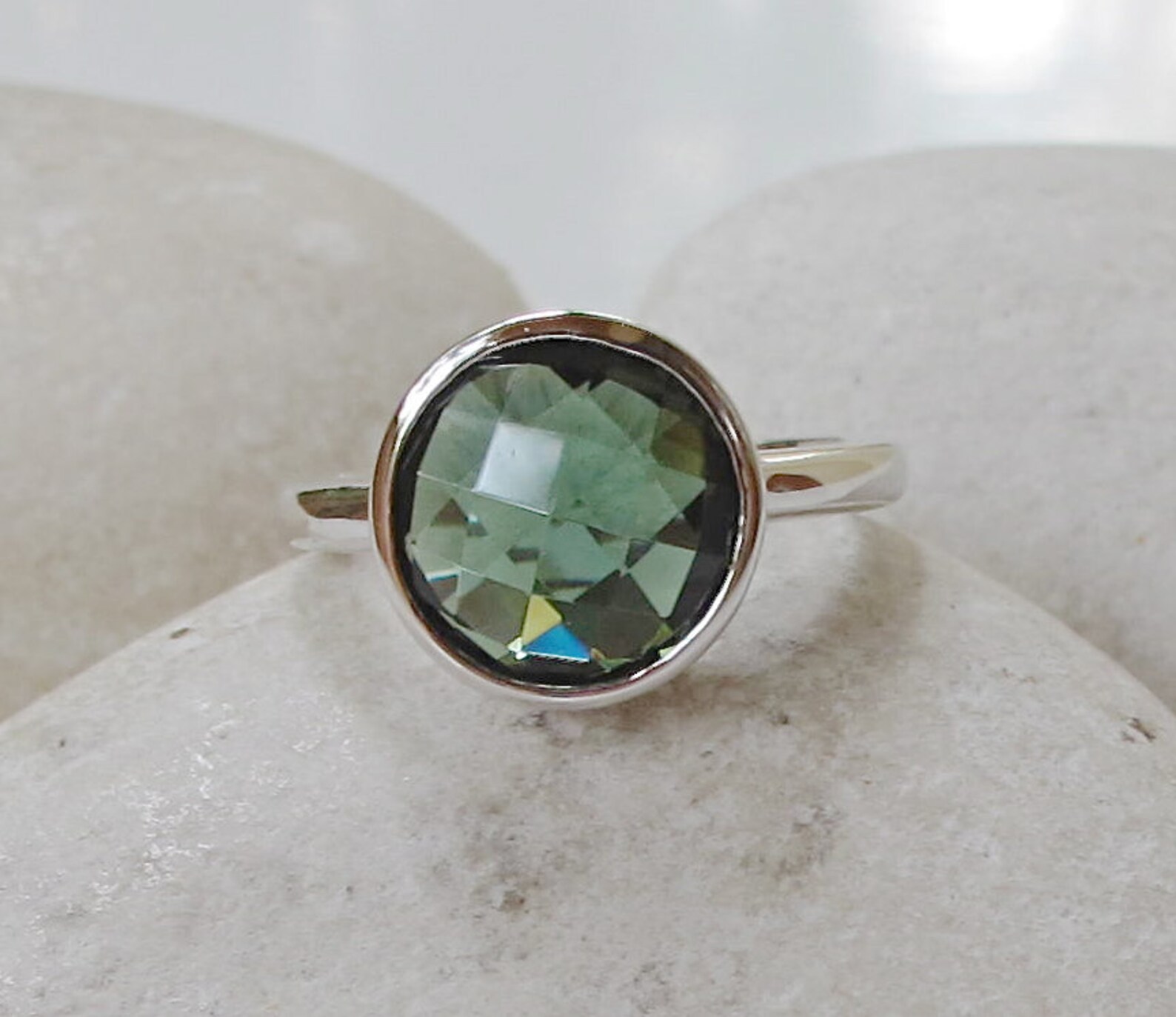 Round Green Quartz Ring Stackable Dark Green Topaz Ring Statement Green ...