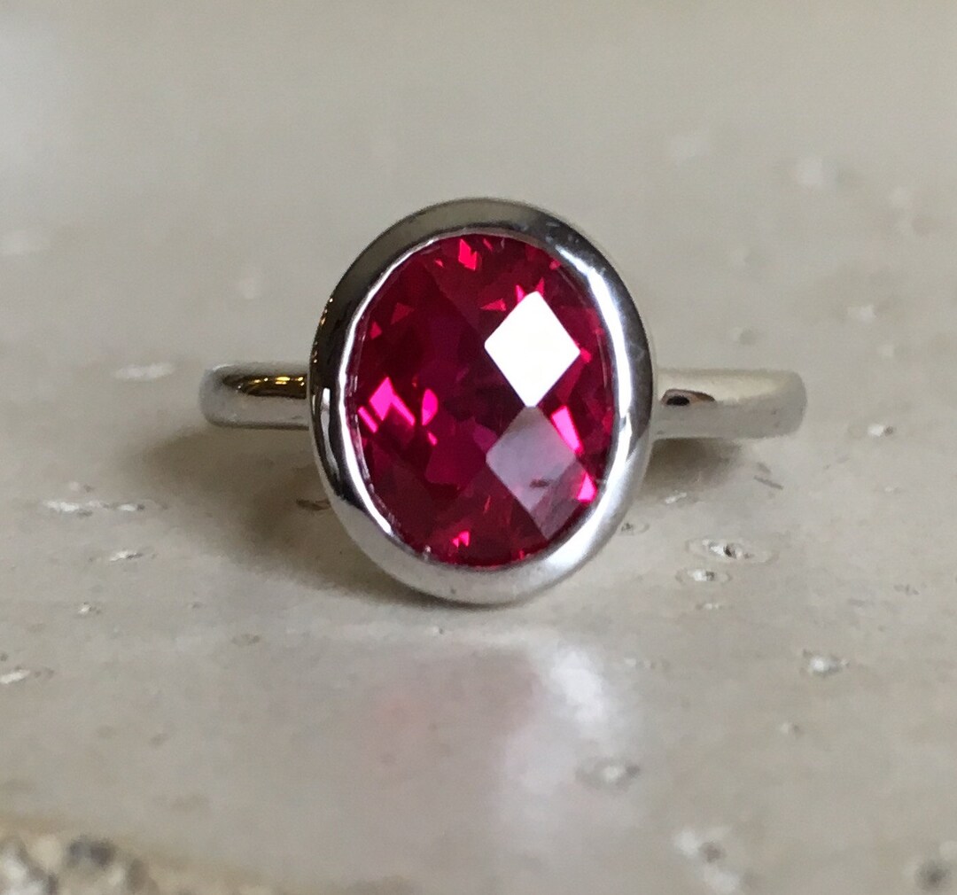Lab Created Ruby Ring- Oval Ruby Simple Ring- Red Gemstone Faceted Ring ...