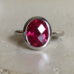 Lab Created Ruby Ring- Oval Ruby Simple Ring- Red Gemstone Faceted Ring ...
