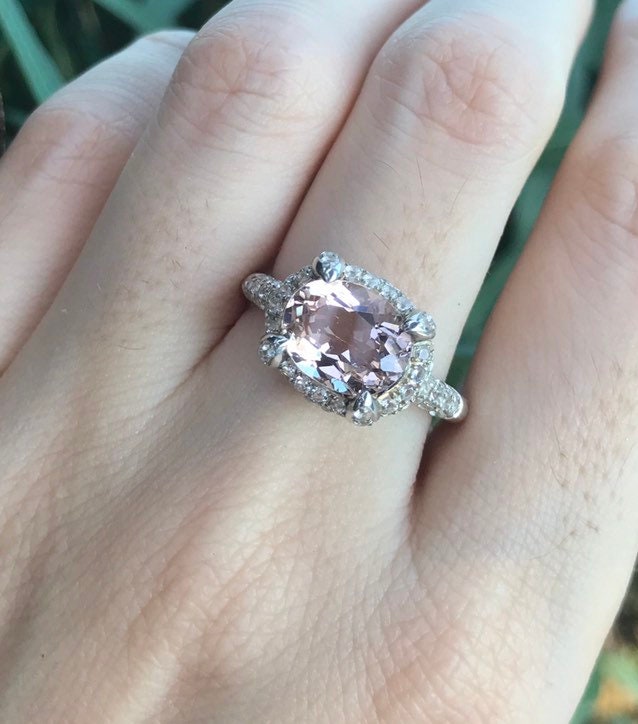 2.14ct Oval Morganite Halo Engagement Ring- East West Solitaire Ring ...