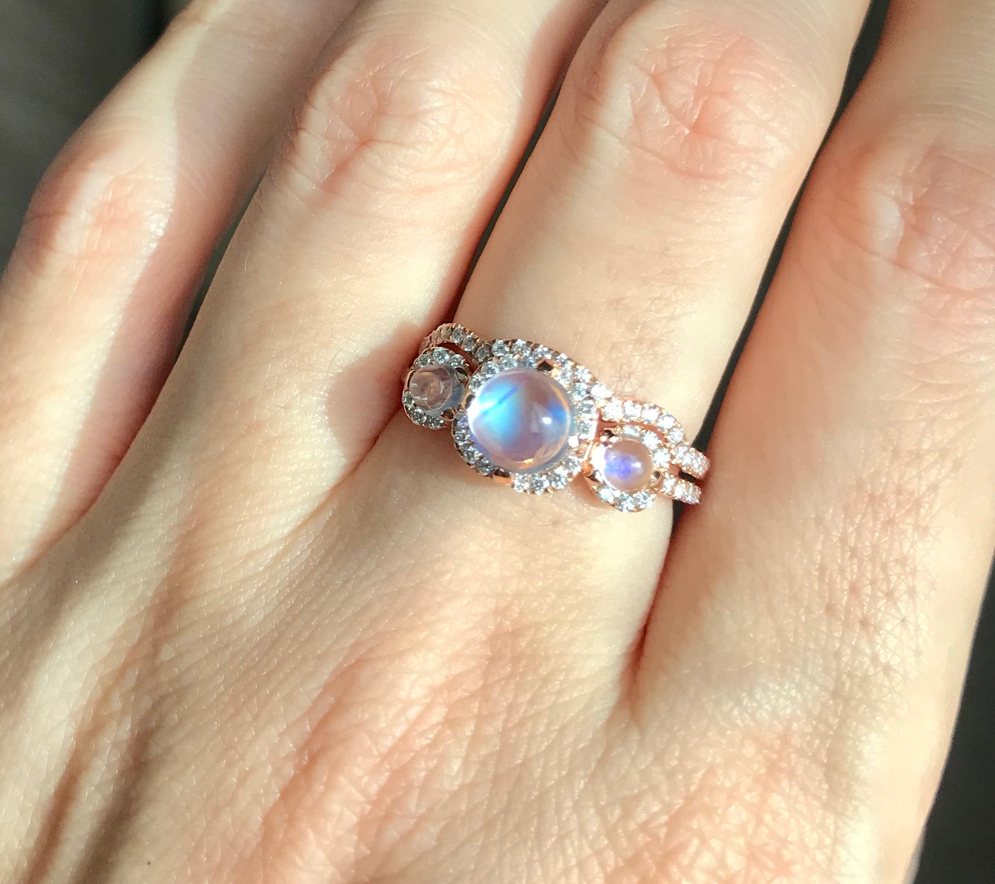 Vintage Moonstone Engagement Ring Set Three Stone Rainbow Moonstone