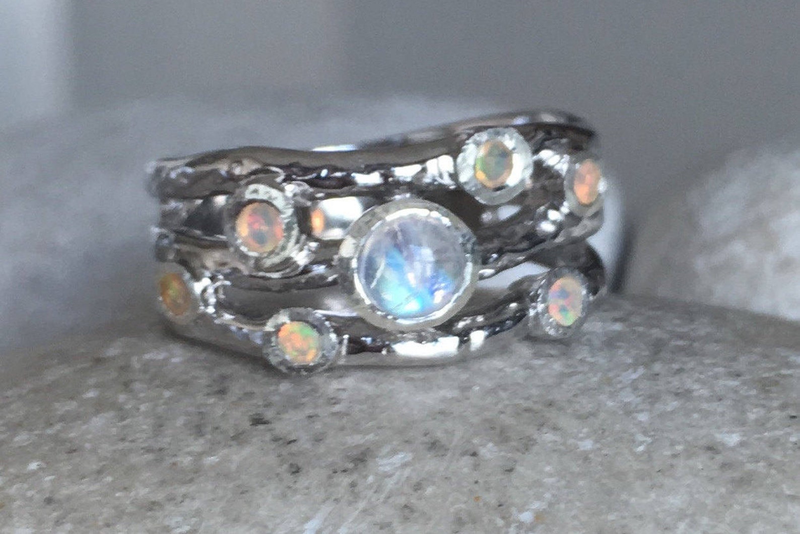 Moonstone Opal Wide Cluster Band- Iridescent Woman Wedding Band- Rustic ...