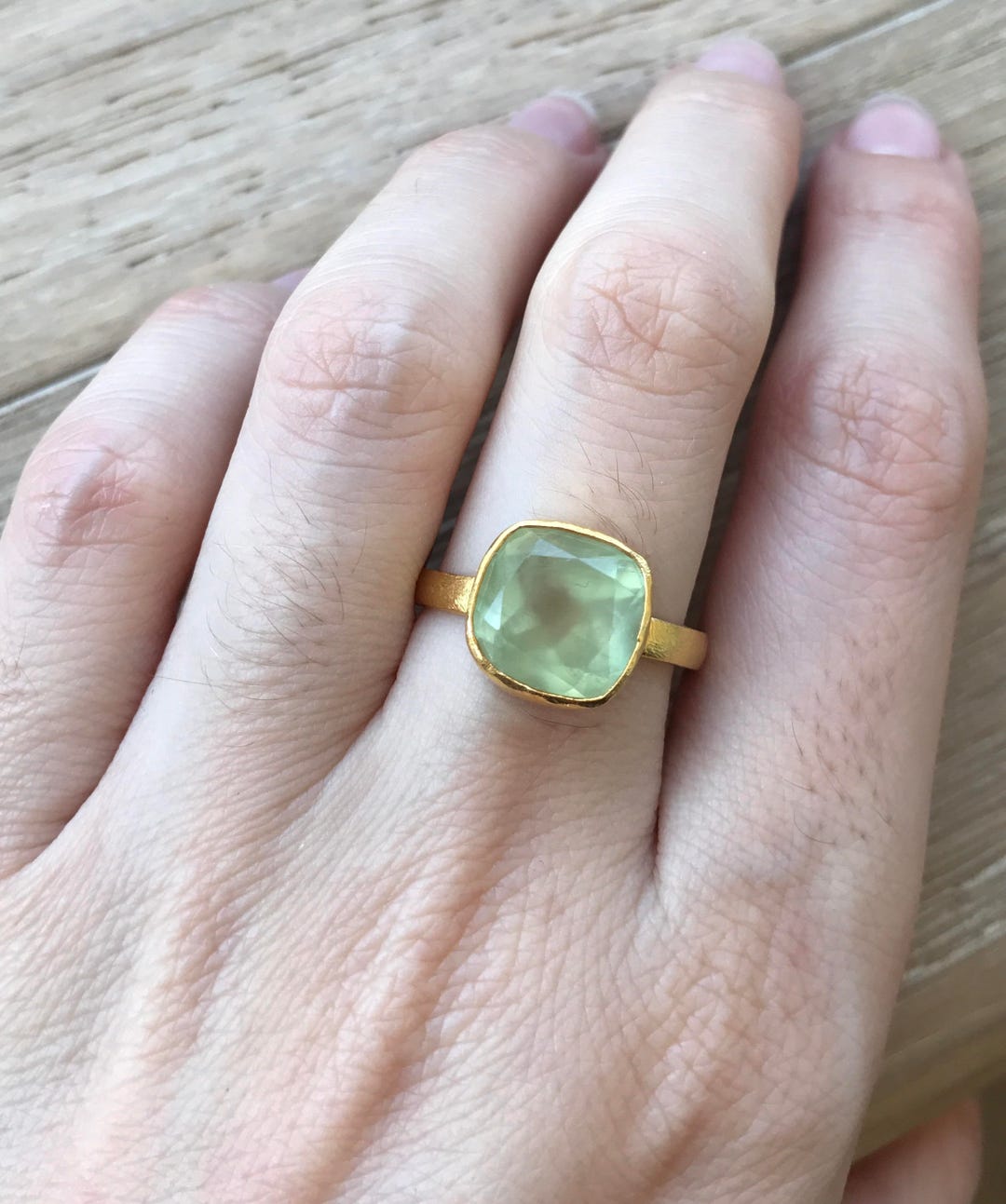 Seaform Green Stackable Gold Square Ring- Soft Green Onyx Cushion Bezel ...
