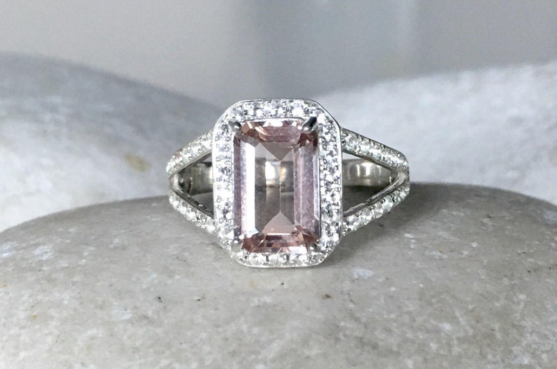 Morganite Genuine Rectangle Halo Engagement Ring Morganite | Etsy Morganite Genuine Rectangle Halo Engagement Ring Morganite | Etsy
