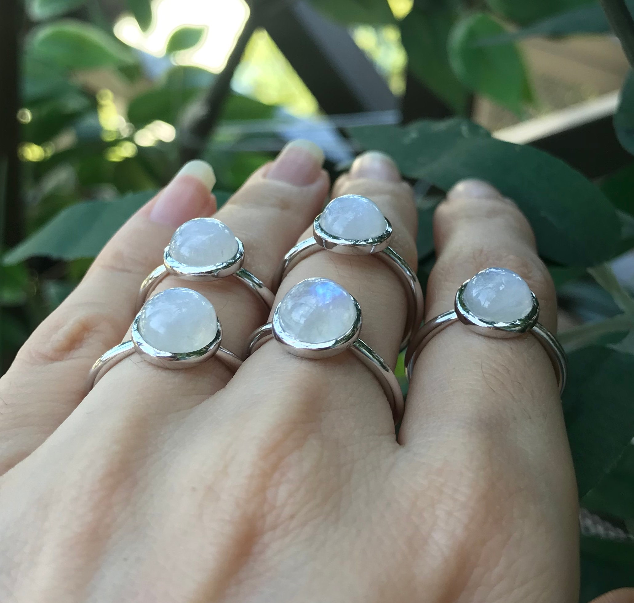 Round Milky Rainbow Moonstone Cabochon Stackable Ring Round Milky Rainbow Moonstone Cabochon Stackable Ring