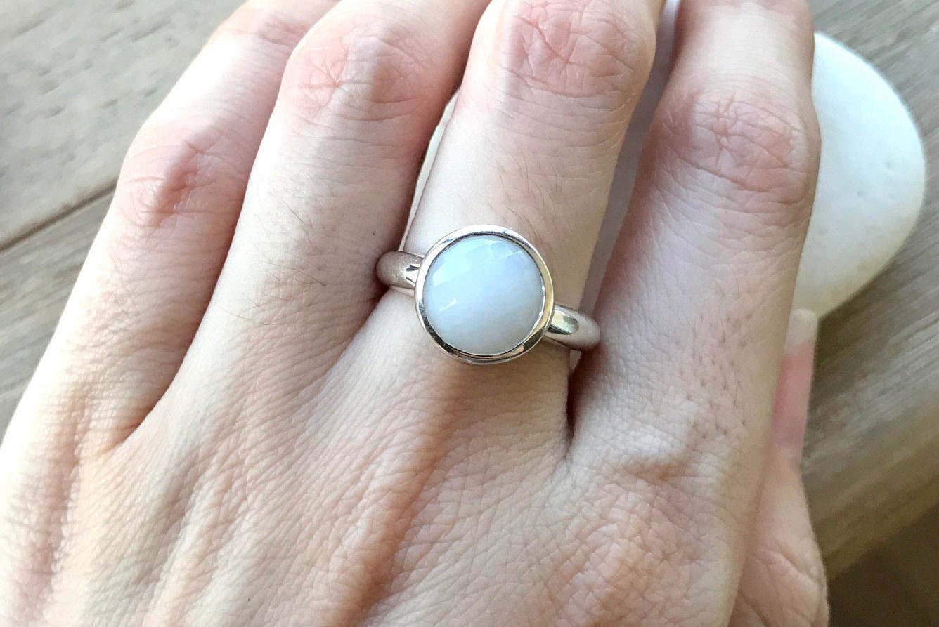 White Agate Stone Ring- White Gemstone Ring- Round White Ring- Facet ...