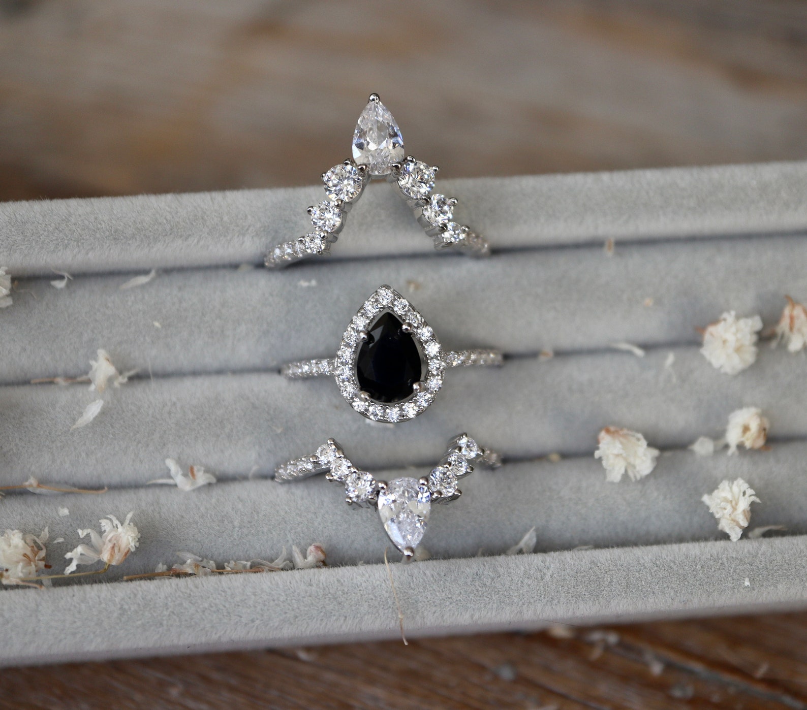 Teardrop Black Onyx Halo Bridal 3 Ring Set Pear Black - Etsy