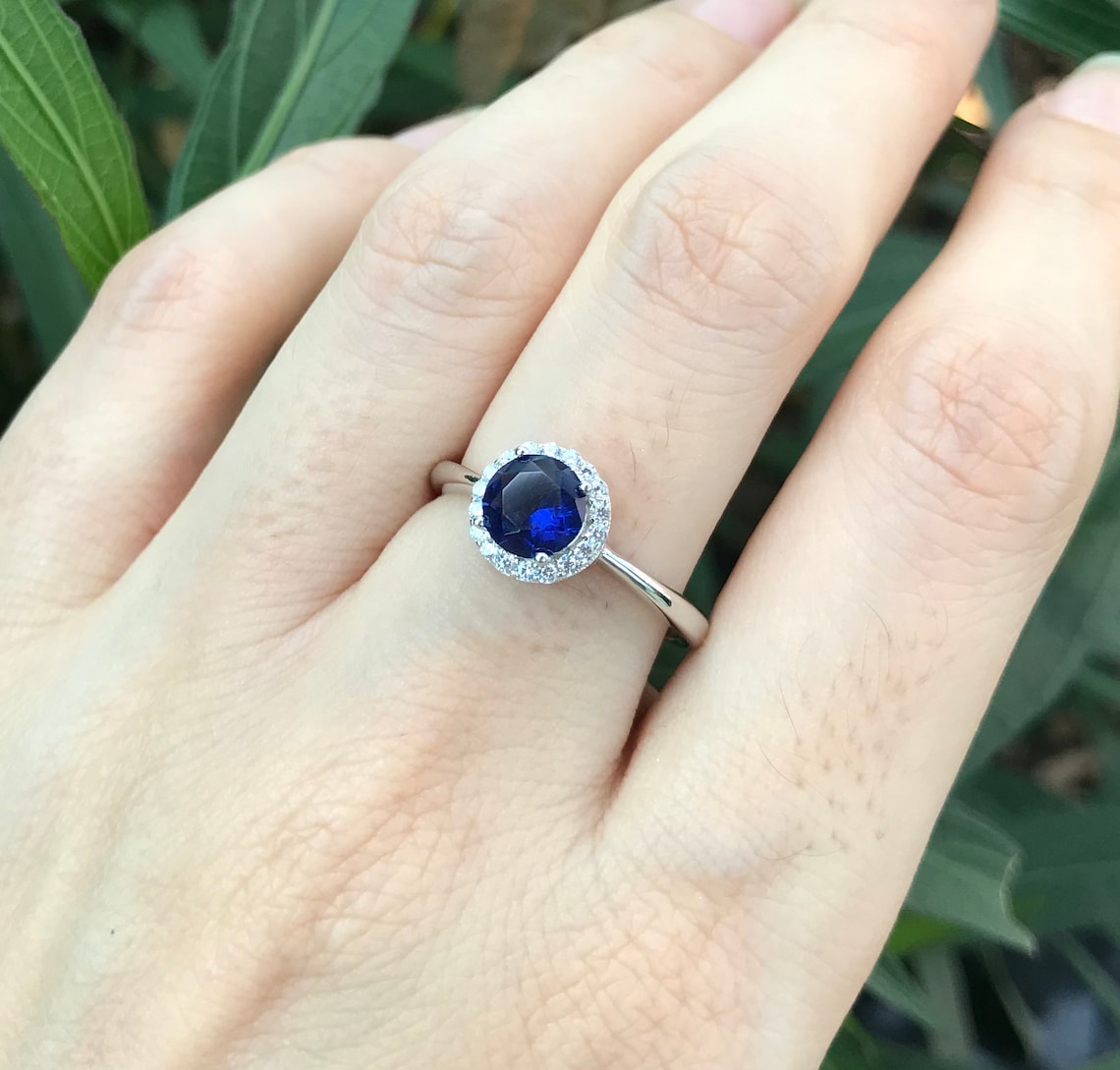 Round Blue Sapphire Promise Ring for Her- Dainty Halo Sapphire Sterling ...