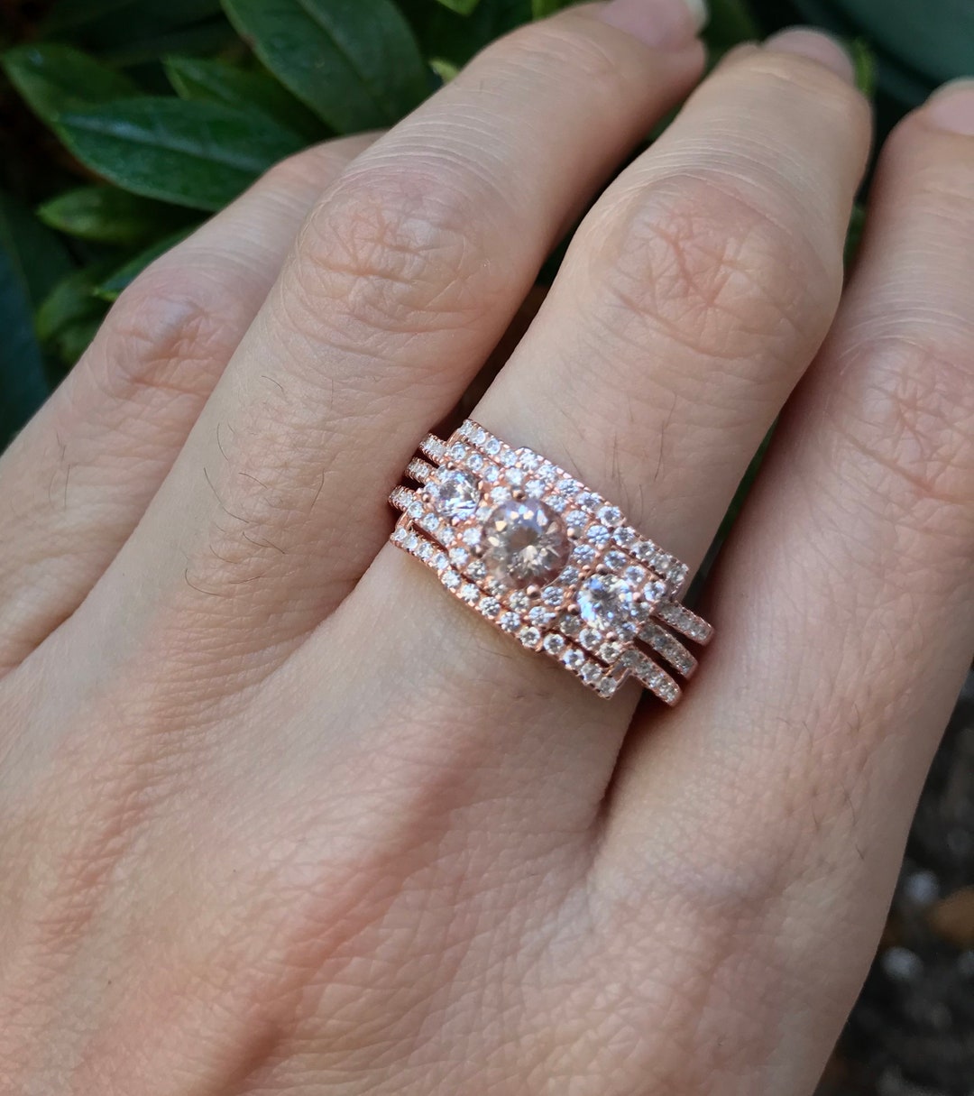 Genuine Morganite Rose Gold Vintage 3 Ring Set Natural Morganite Bridal