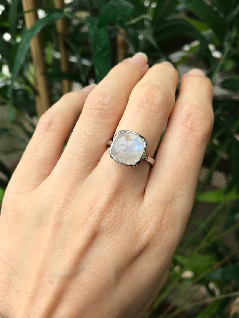 Moonstone Square Facet Stackable Ring- Rainbow Moonstone Sterling ...
