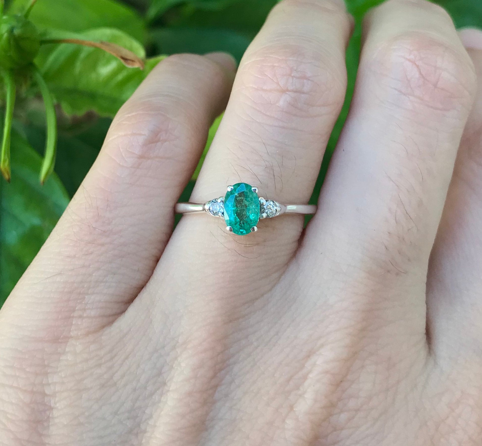 Oval Emerald Engagement Ring- Three Stone Emerald Diamond Promise Ring ... Oval Emerald Engagement Ring- Three Stone Emerald Diamond Promise Ring ...