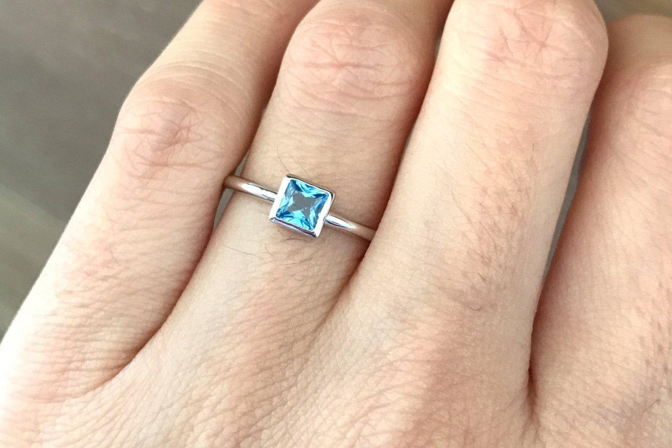 Genuine Swiss Blue Topaz Dainty Square Ring Princess Cut | Etsy