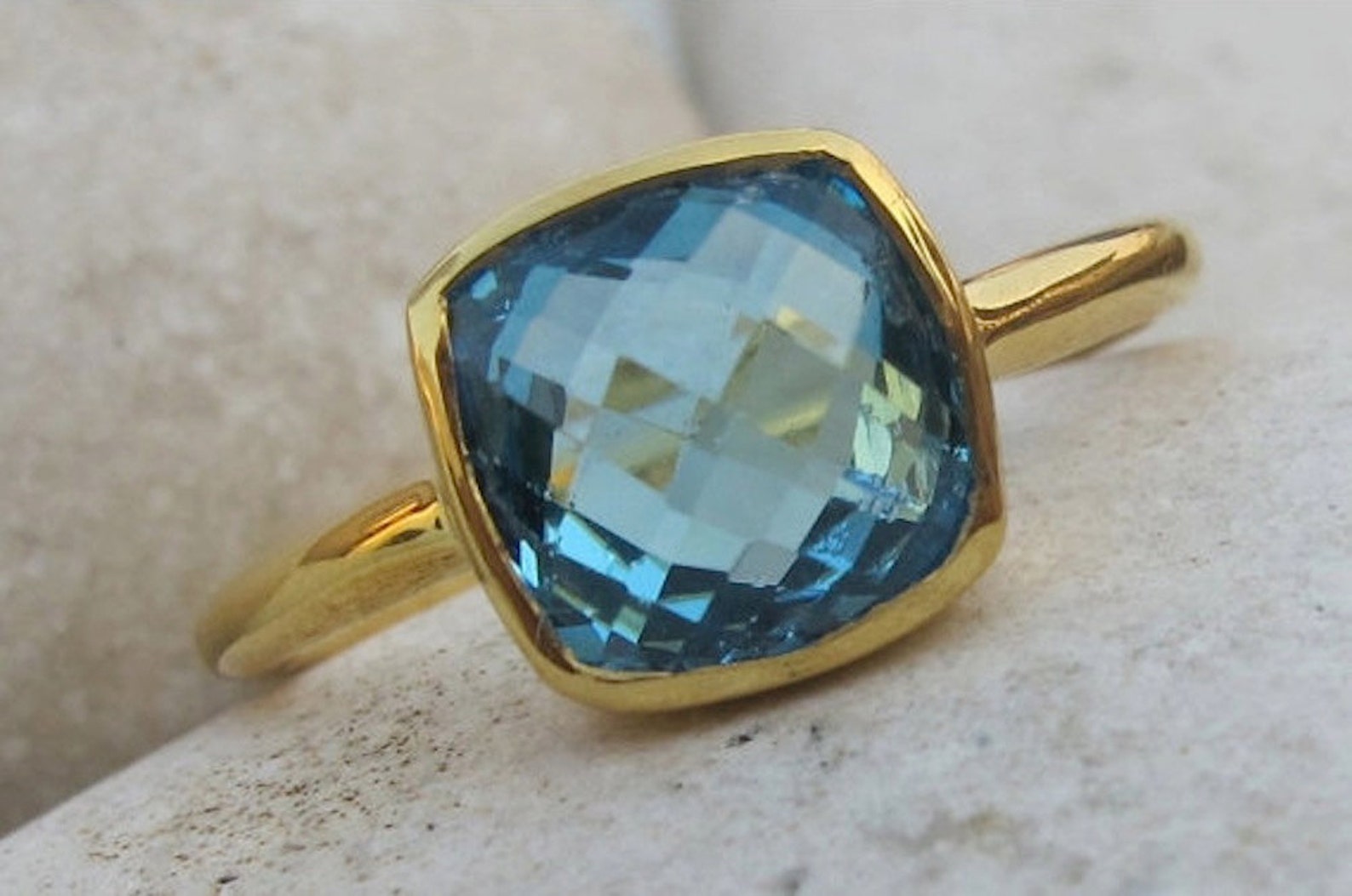 Square Blue Topaz Rose Ring- Stackable Something Blue Gold Ring ...