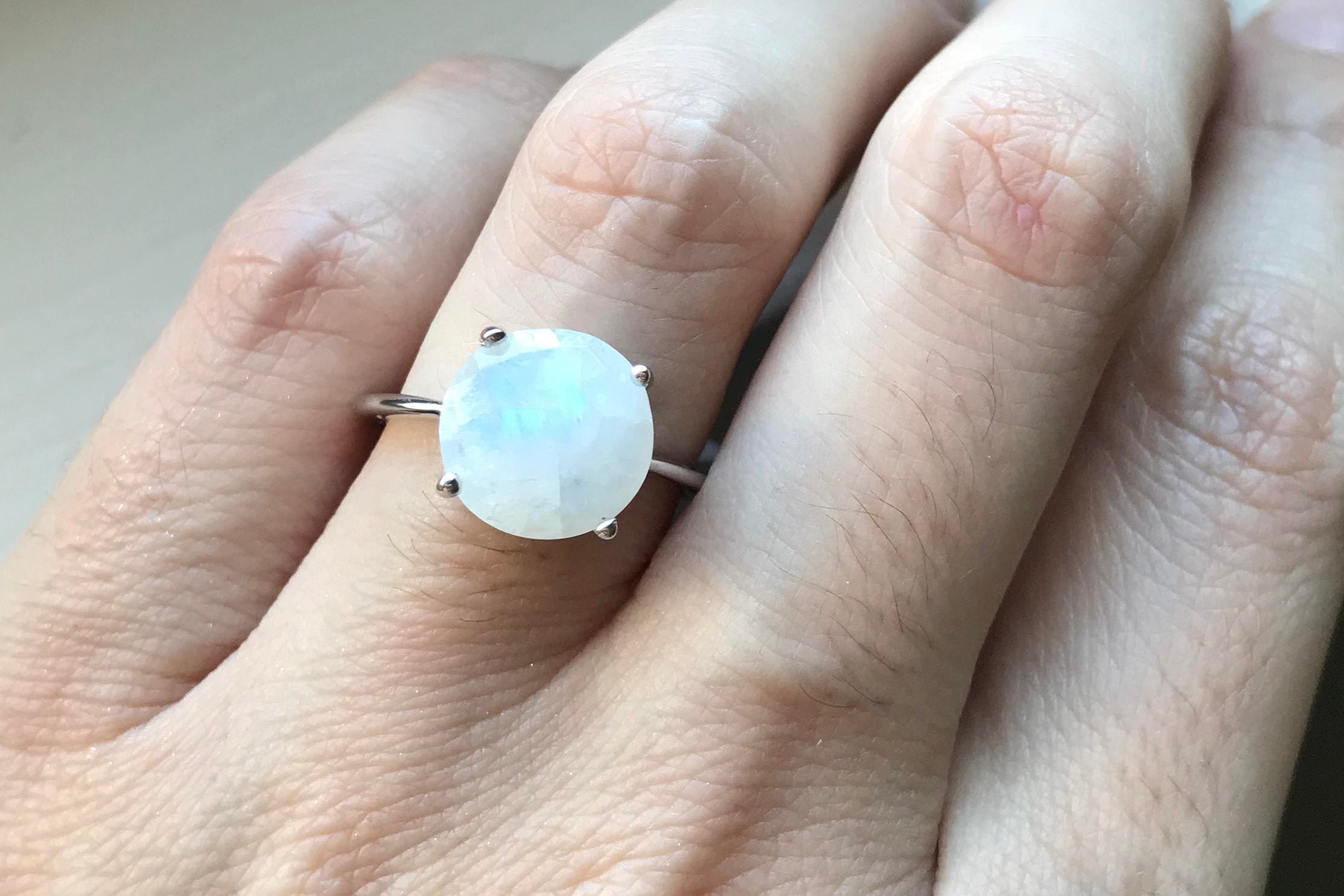 Round Moonstone Solitaire Ring- Faceted Rainbow Moonstone Ring- Simple ...