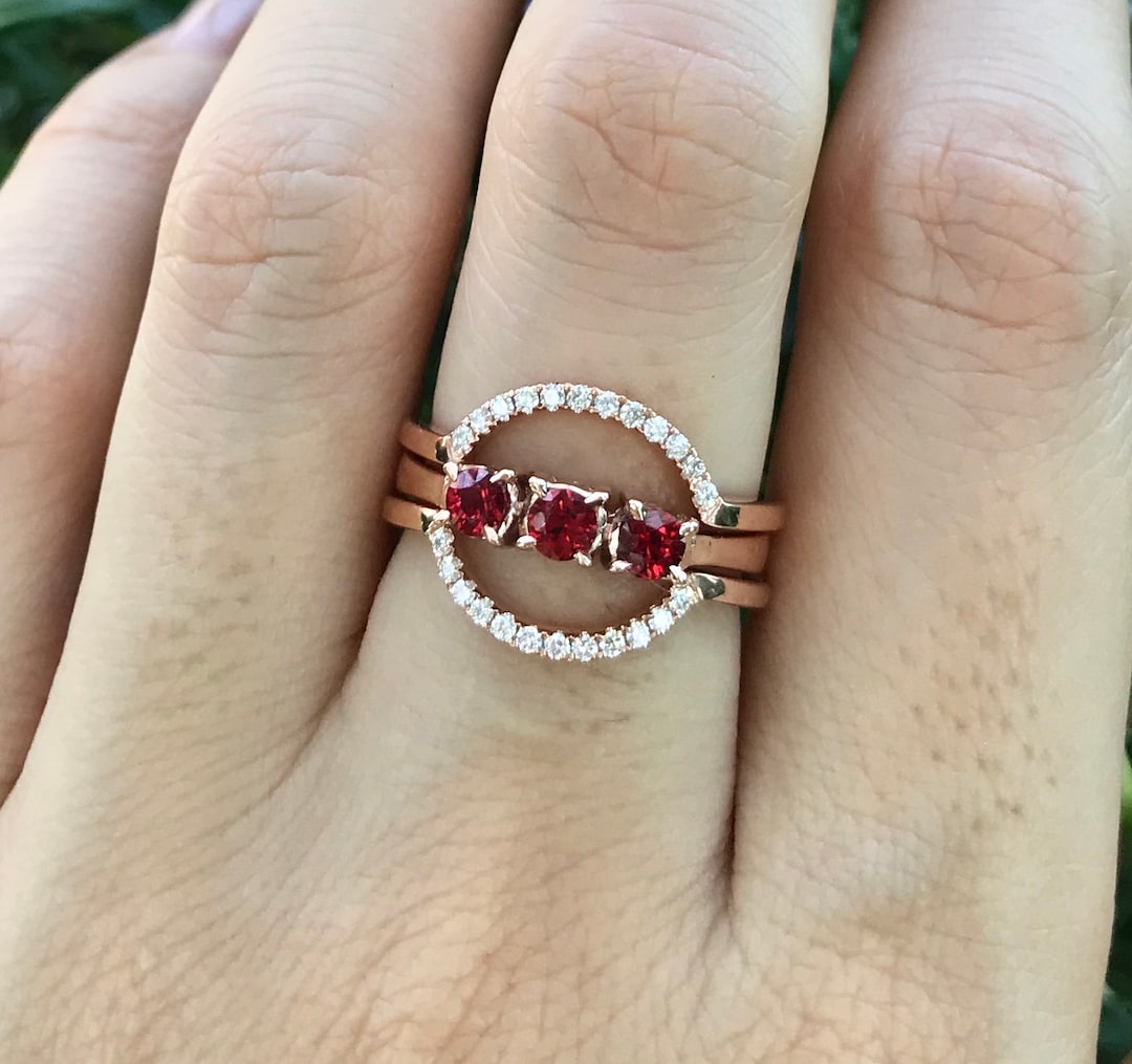 Genuine Ruby Bridal Ring Set Rose Gold Ruby Engagement Ring Set Three ...