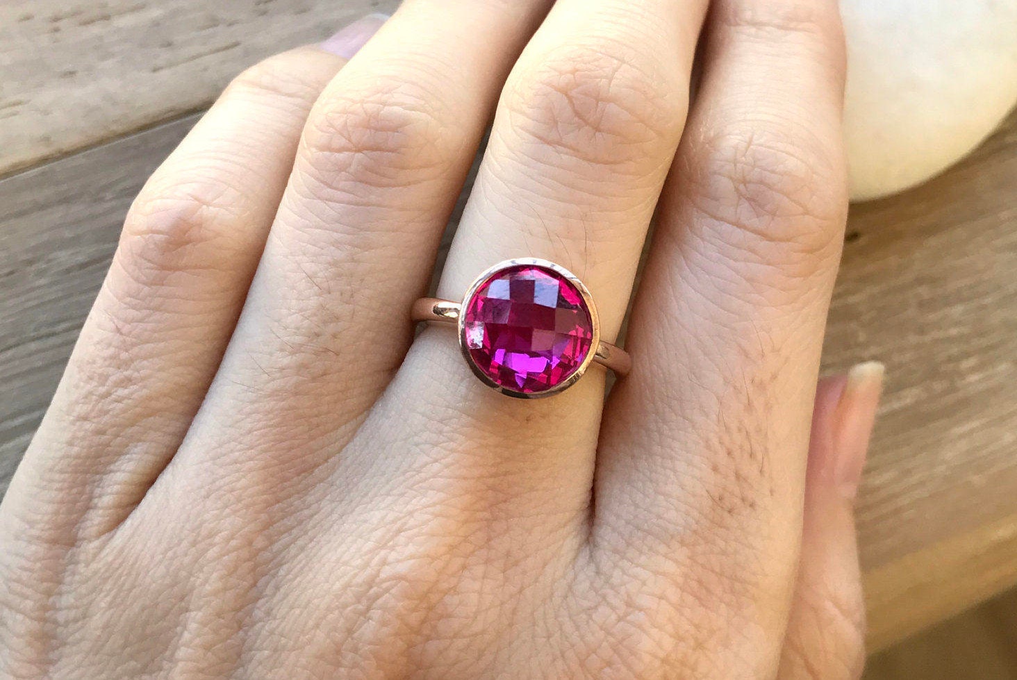 Rose Gold Pink Ring- Round Pink Quartz Ring- Hot Pink Gemstone Ring ...