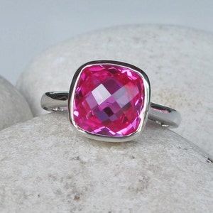 Fuschia Pink Square Ring- Hot Pink Quartz Stack Ring- Faceted Pink ...