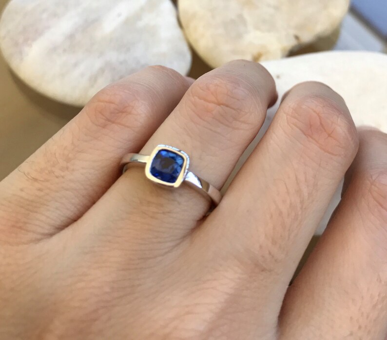 Tiny Square Blue Sapphire Ring Stackable September Birthstone - Etsy