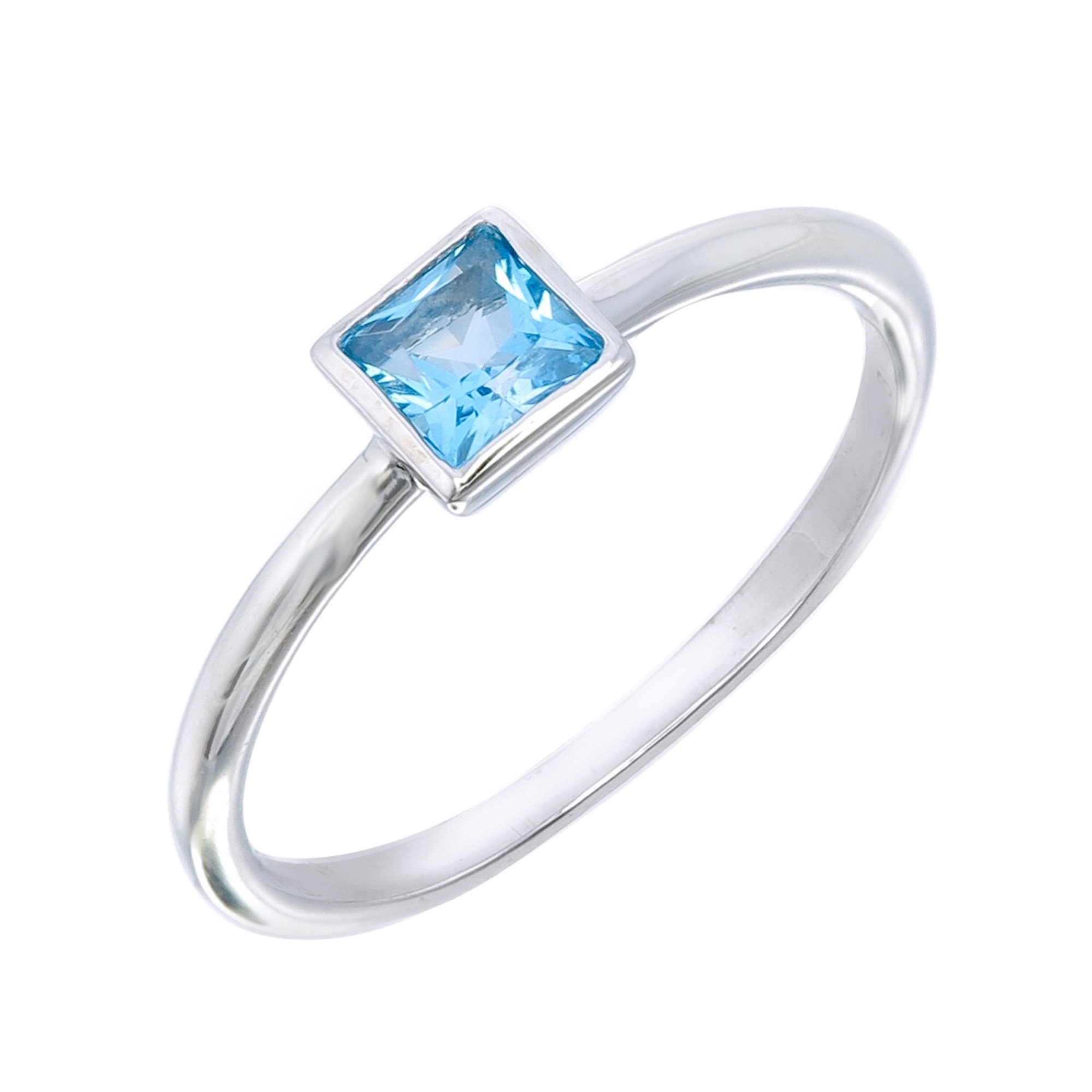 Genuine Swiss Blue Topaz Dainty Square Ring- Princess Cut Natural Dark ...