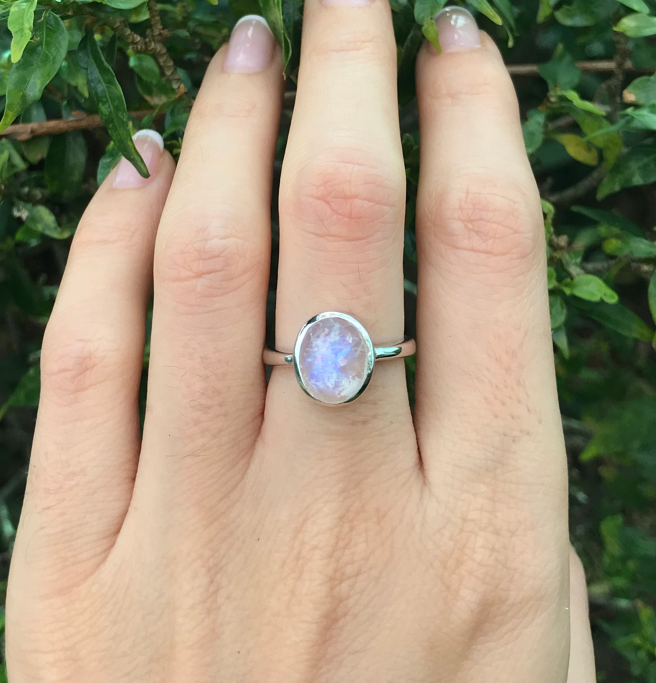 Rose Cut Oval Moonstone Ring- Rainbow Moonstone Silver Ring- Solitaire ...