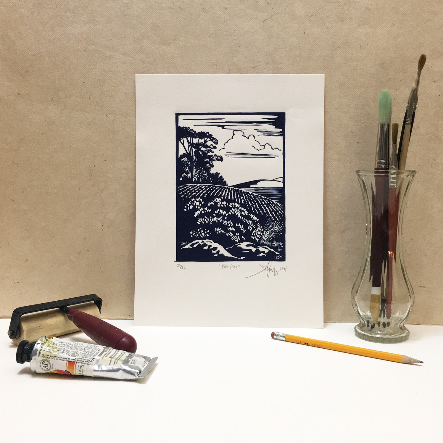 Handmade Linocut Print: California Vineyard Landscape Art - Etsy