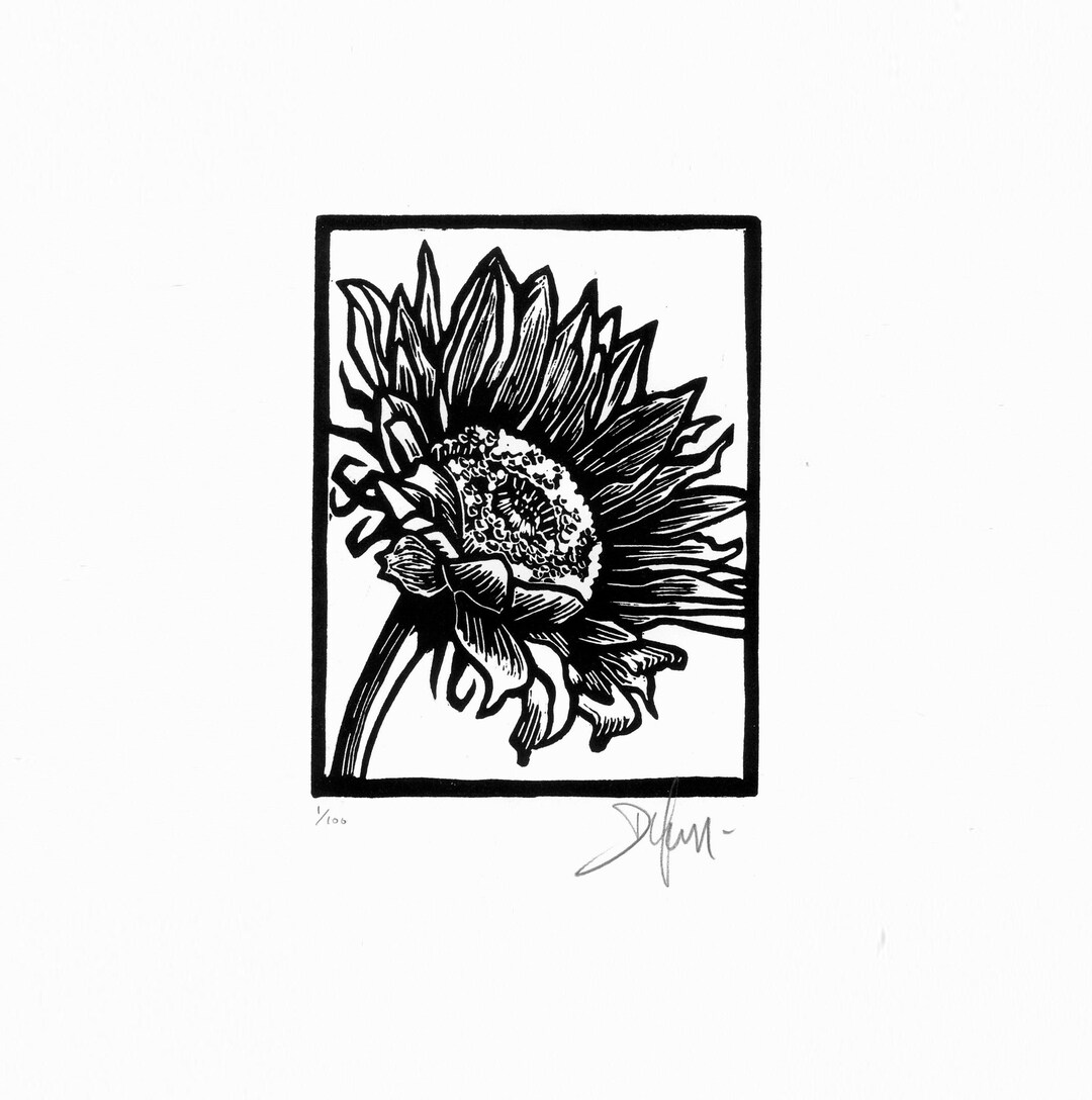 SUNFLOWER Floral Linocut Original Art Print Hand Printed - Etsy