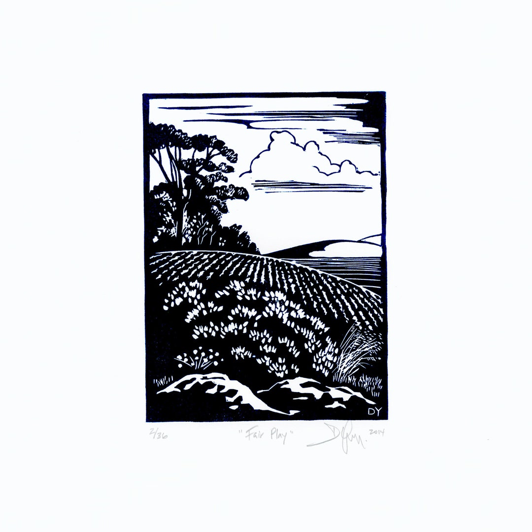Handmade Linocut Print: California Vineyard Landscape Art - Etsy