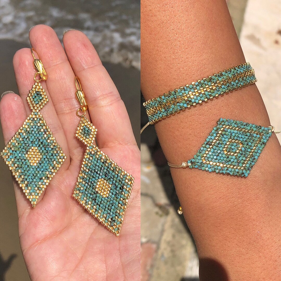 Turquoise Bracelet and Earring Set, Miyuki Jewelry, Sparkling Wristband ...