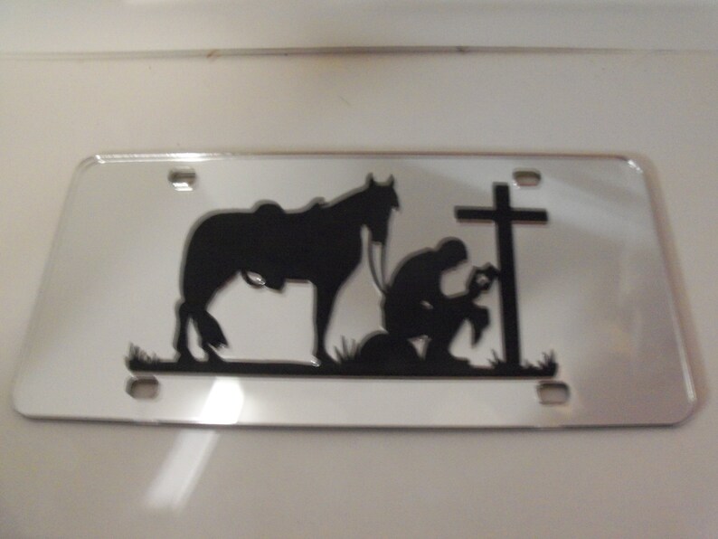 Cowboy, Horse, and Cross Mirror Laser License Plate Color's Silver ...
