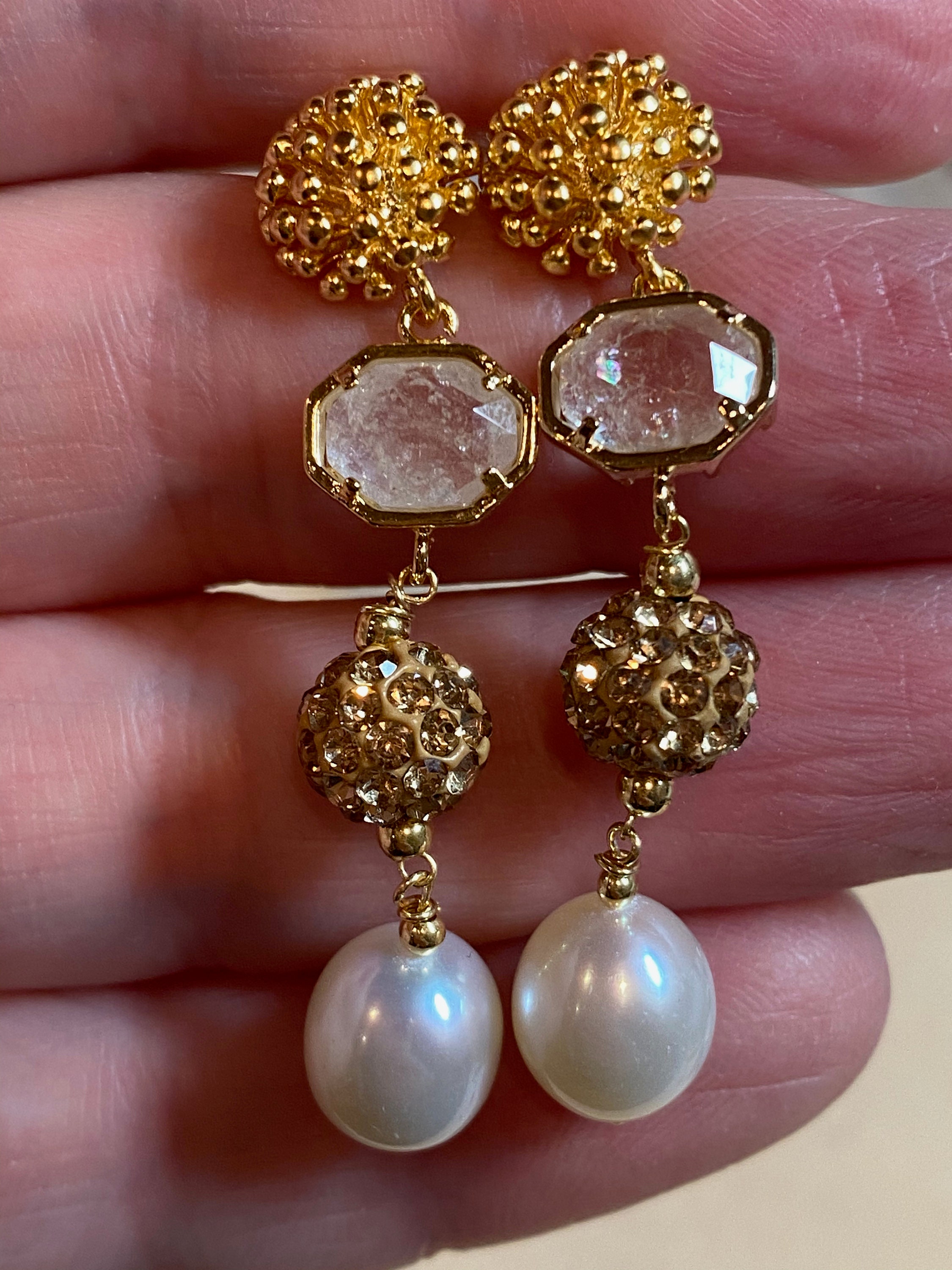 Gold Pearl Earring Teardrop Pearl Sparkling Earring Fun | Etsy