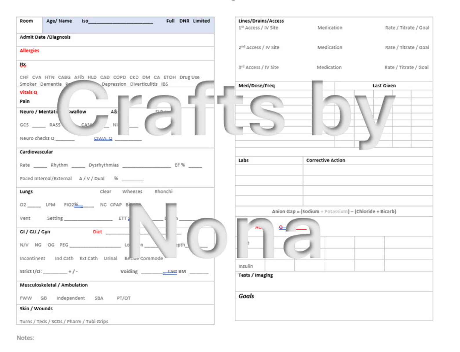 ICU Nursing Report Sheet: Two-patient Template (digital Download) - Etsy