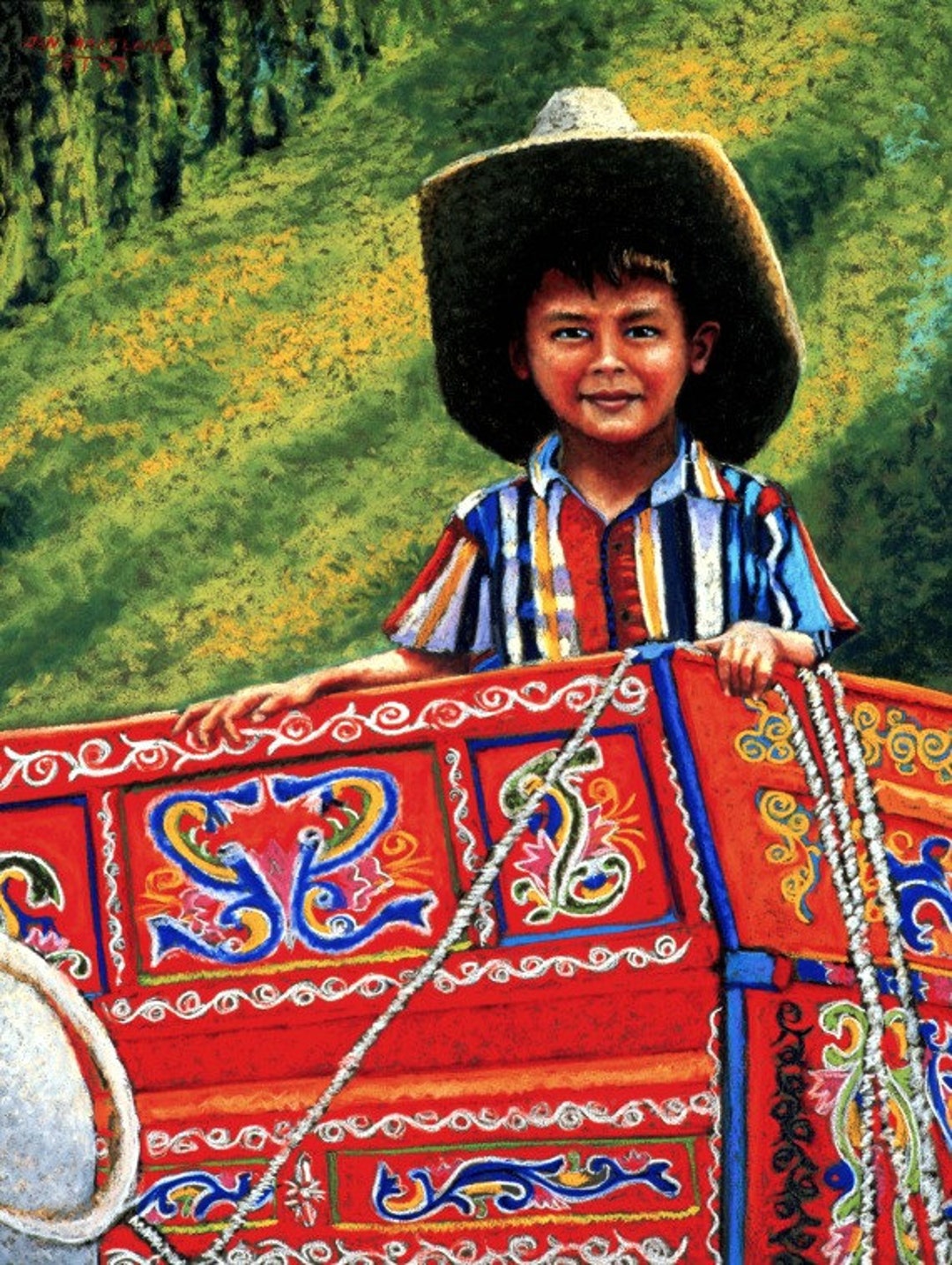 Costa Rican Boy Art Print: "tico" Pastel Painting, Red Painted Wagon ...