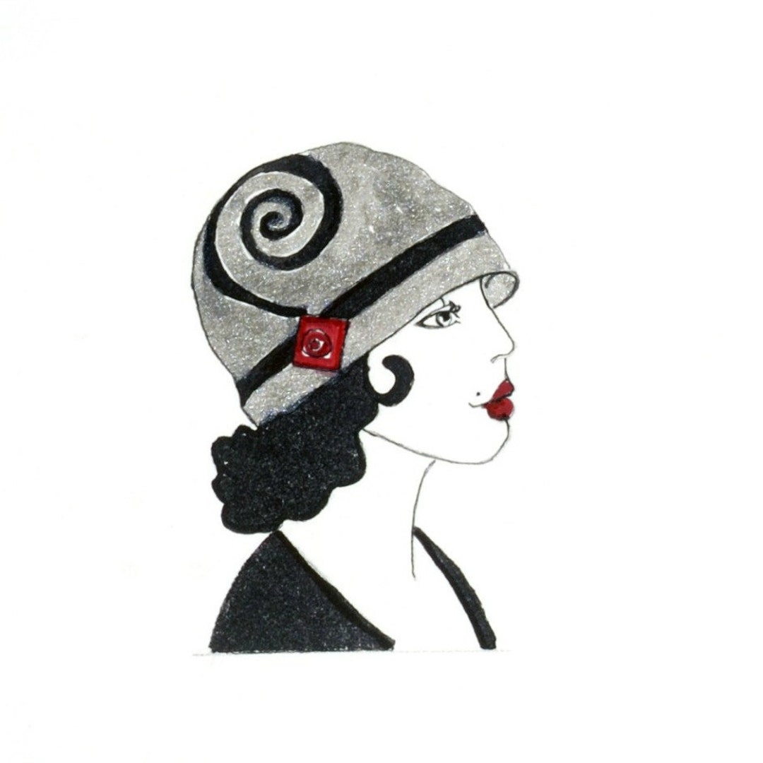 1920s Flapper Art Print: Pen & Ink Portrait With Silver Cloche - Etsy