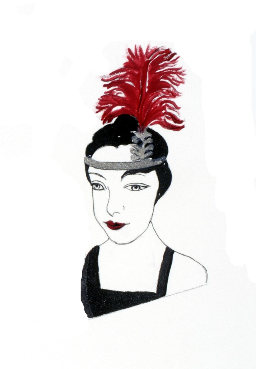 Flapper Portrait Art Print: Roaring 20s Red Feather Pen & Ink - Etsy