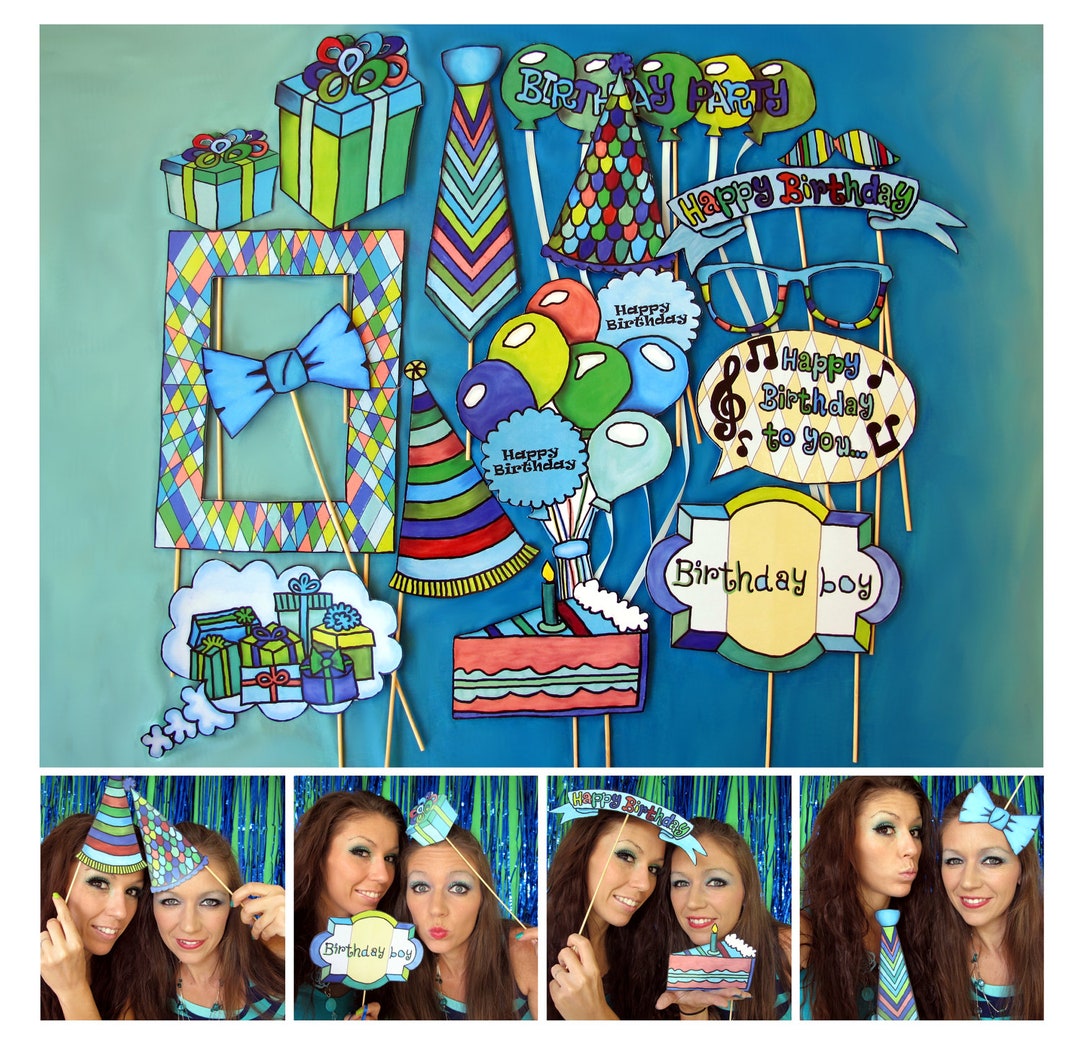 Boy Birthday Photo Booth Props in Blue, Green and Brown - Perfect ...