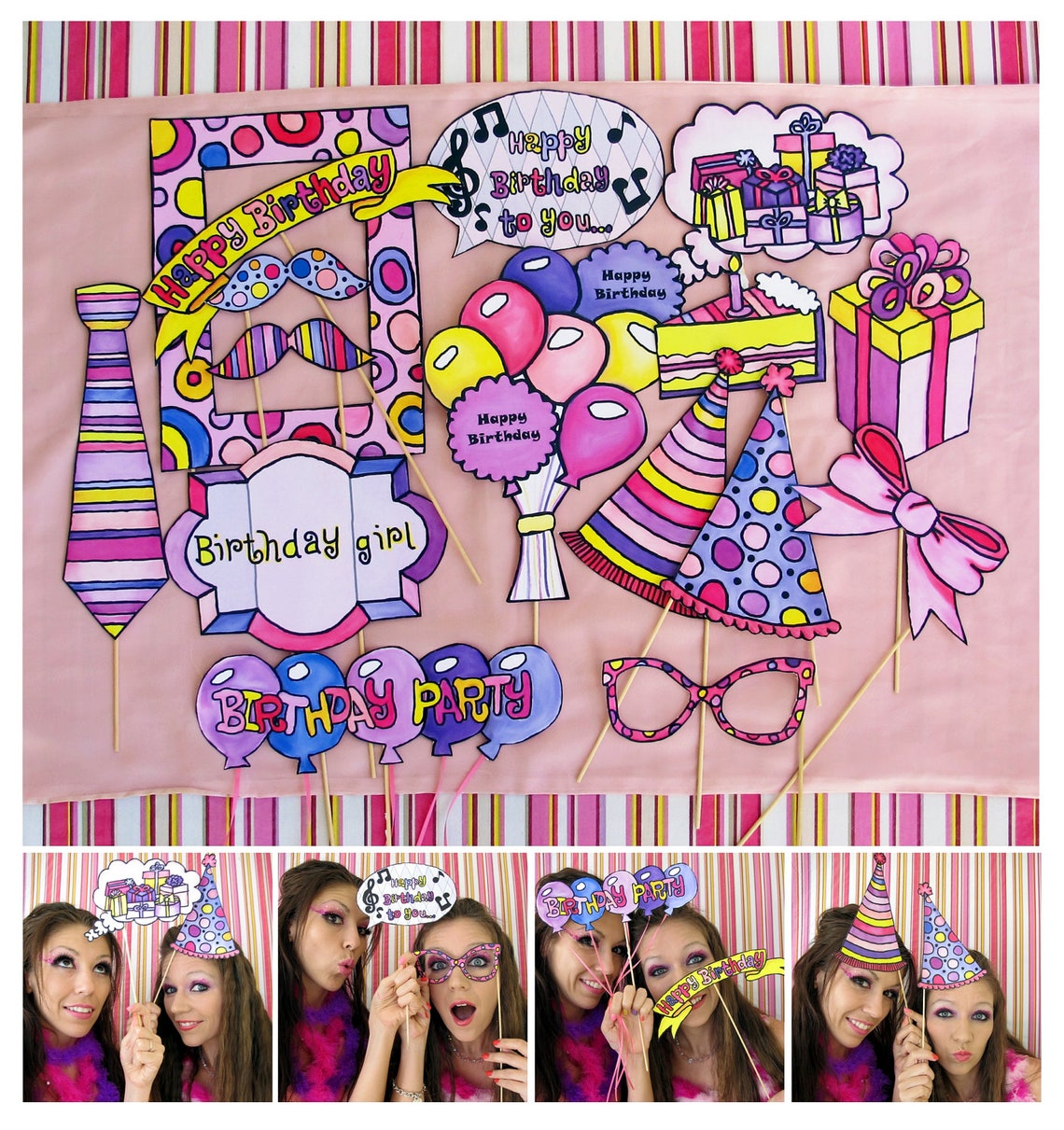 Girl Birthday Photo Booth Props in Pink, Purple and Yellow Perfect ...