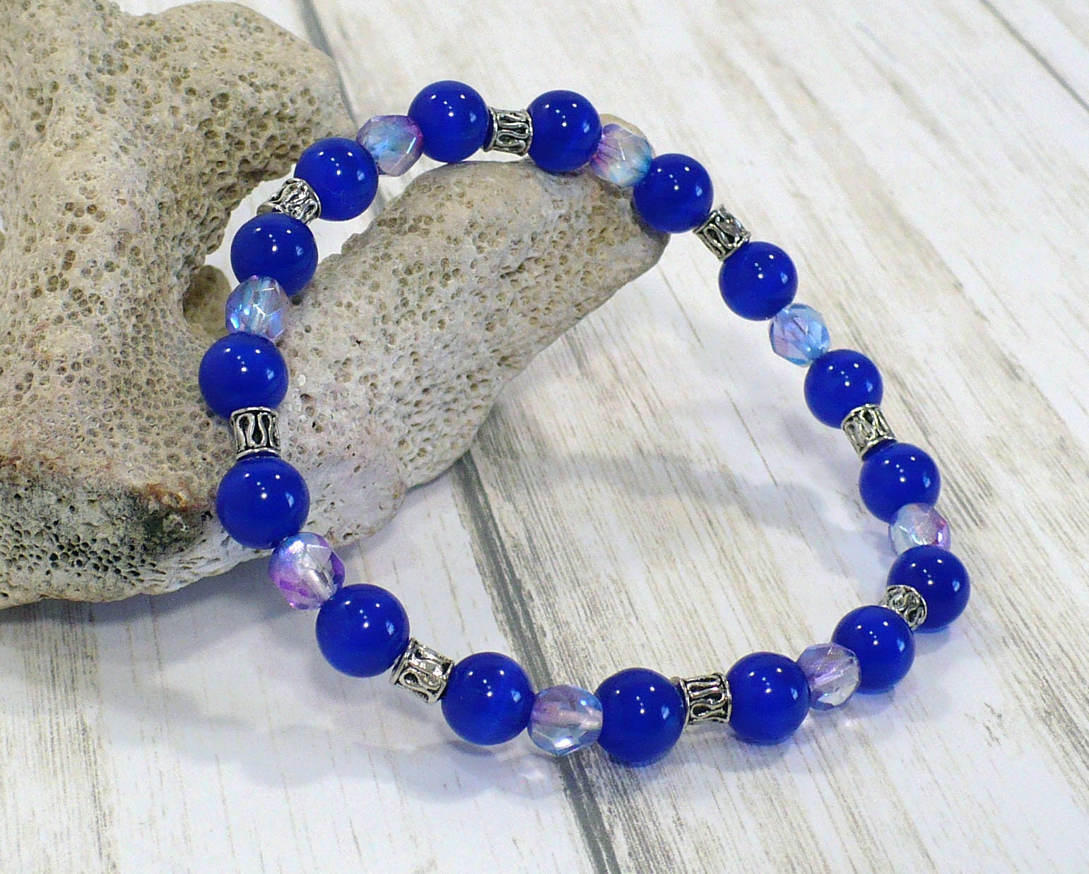 Royal Blue Bracelet With Czech Beads & Silver Accents - Etsy UK