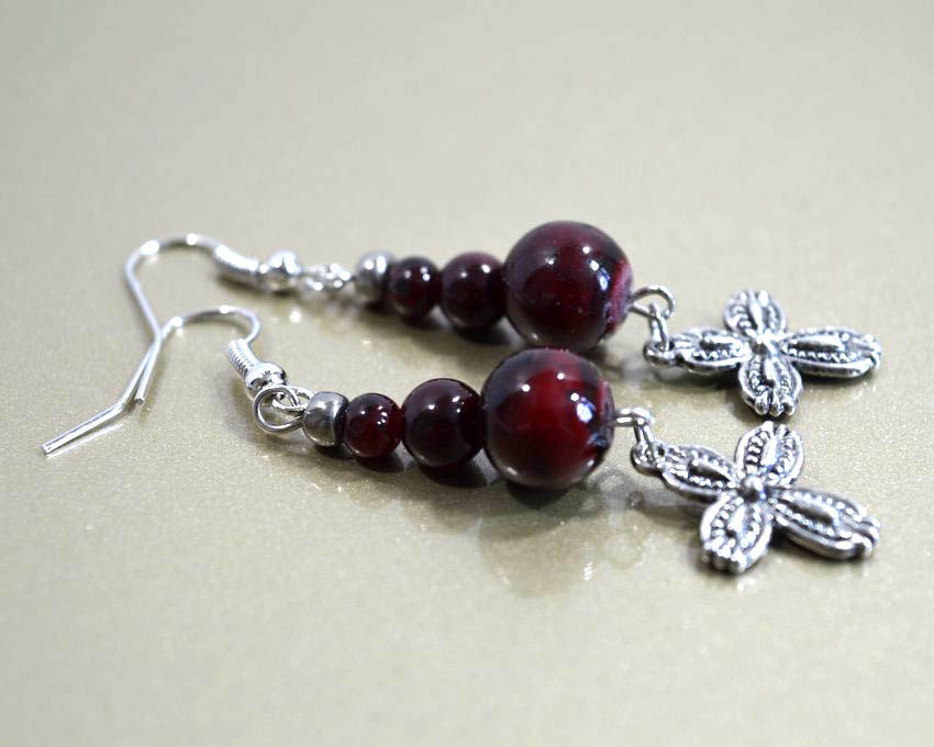 Gothic Dangle Earrings Blood Red Bead Earrings Silver Cross | Etsy