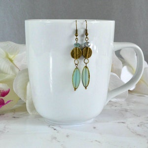 Aqua & Brass Dangle Earrings: Satin Spindles With Picasso Trim, Nickle ...