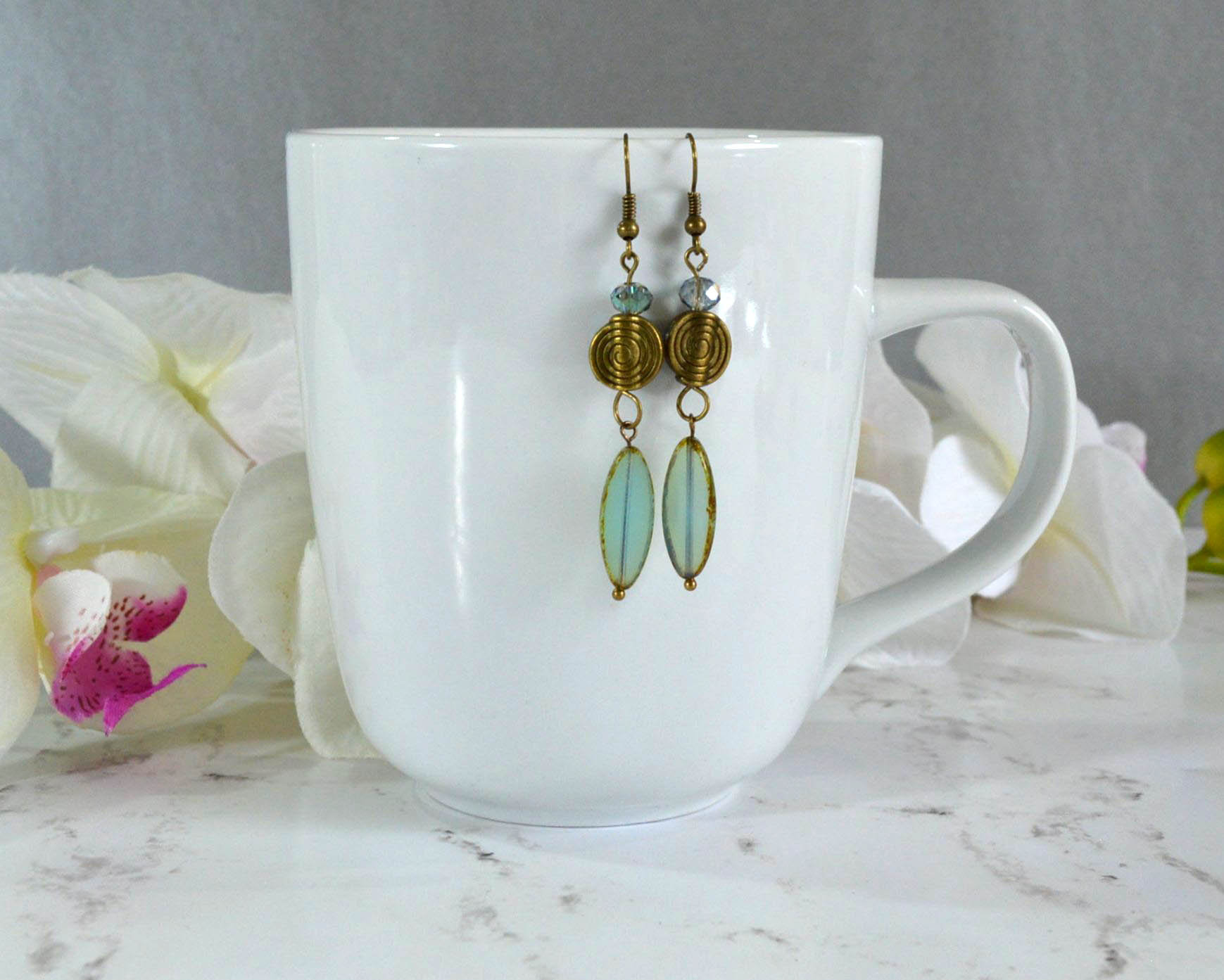 Aqua & Brass Dangle Earrings: Satin Spindles With Picasso - Etsy