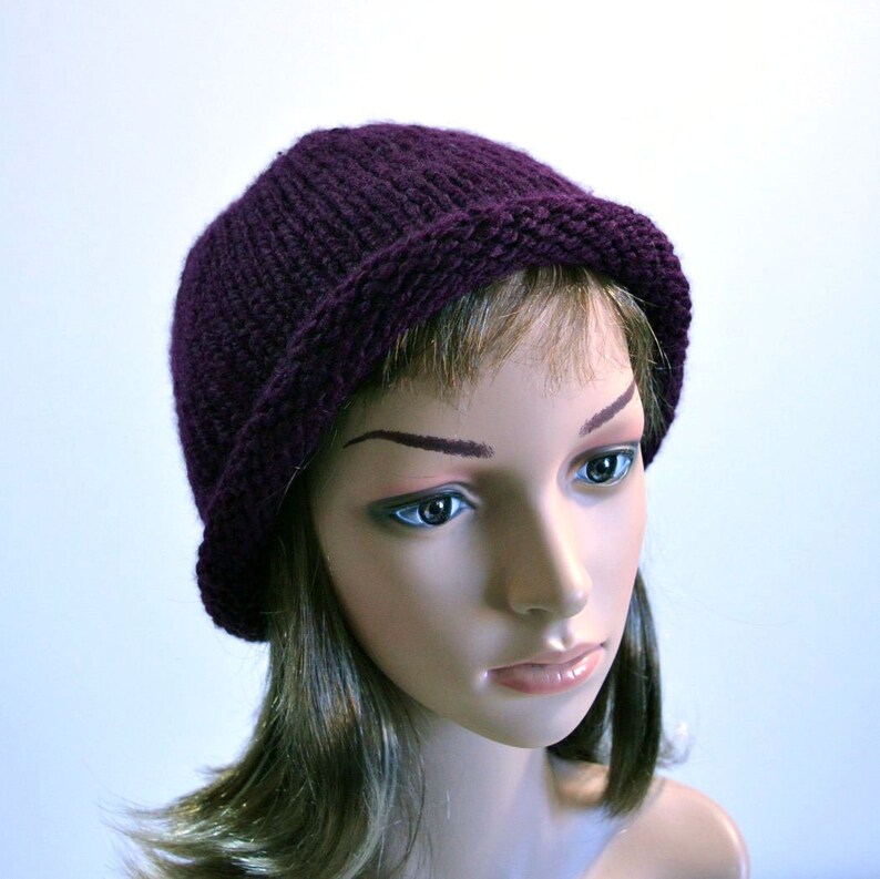 Hand Knit Deep Purple Hat: Rolled Brim Beanie in Easy Care Acrylic ...