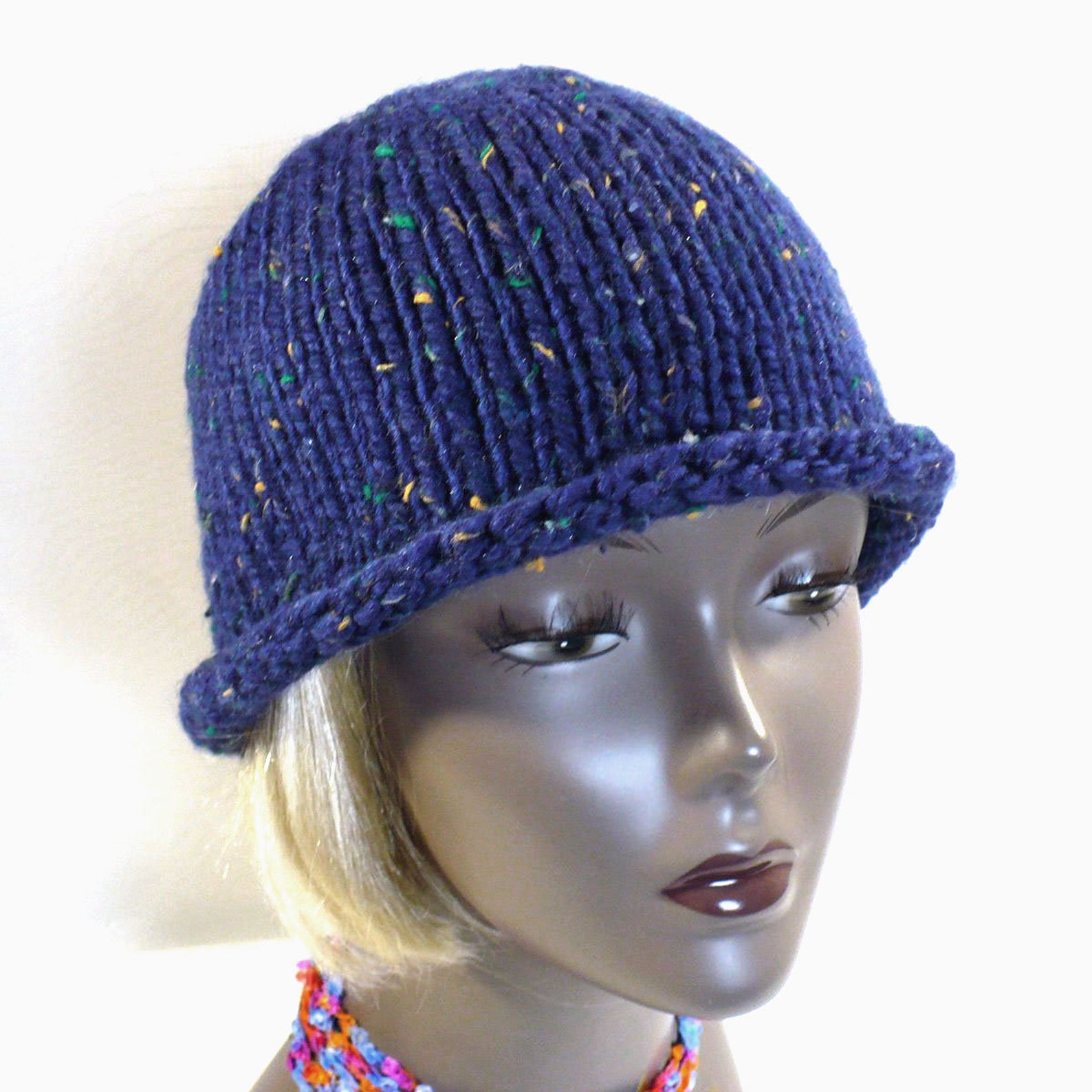 Hand Knit Blue Tweed Rolled Brim Hat, Knit Bucket Hat, Retro Style Man ...