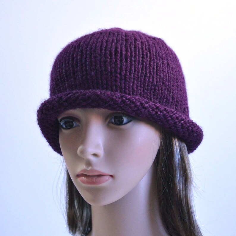 Hand Knit Deep Purple Hat: Rolled Brim Beanie in Easy Care Acrylic ...
